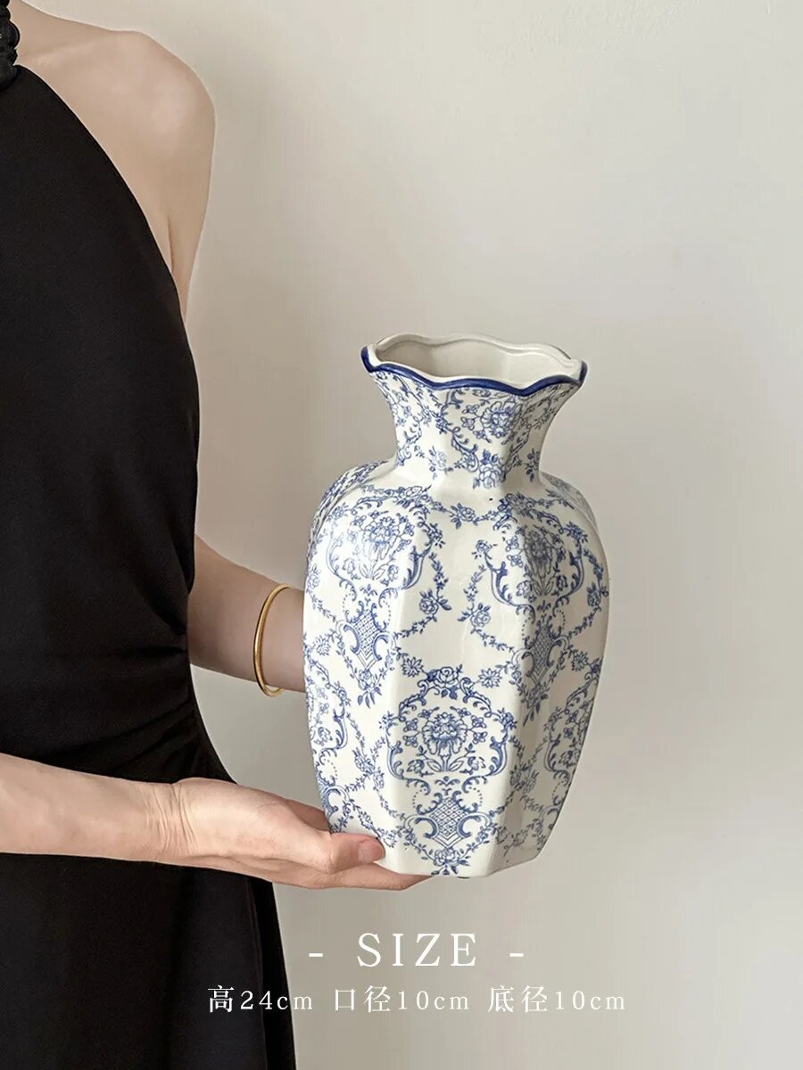 Винтажная керамическая ваза, синий и белый фарфоровый цветочный горшок, ручная роспись, ваза для цветов, домашний декор, украшение для балкона, гостиной, Темно-синий