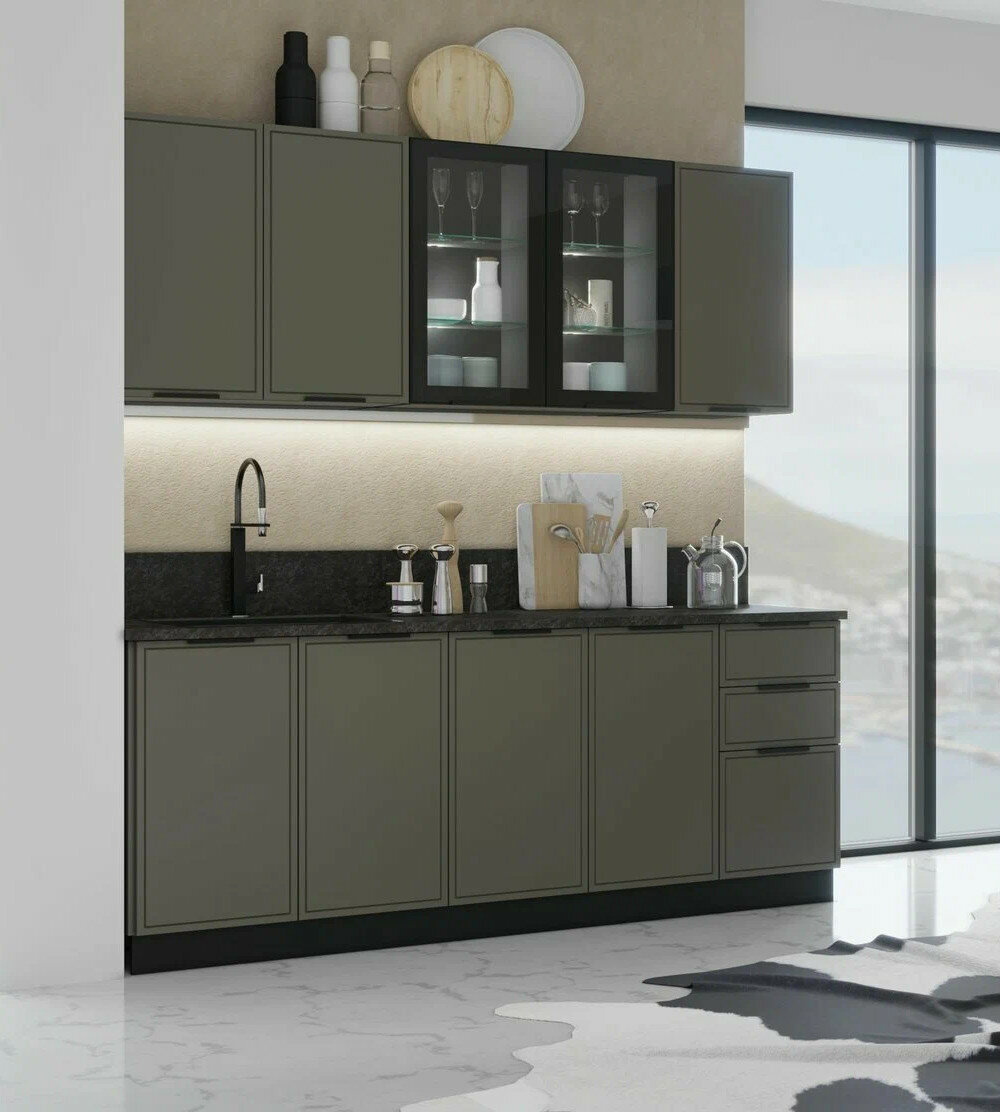 Кухня прямая 2 метра Николь 2,0 (490) Компановка №1 Холст вулканический, графит/ столешница Кастилло темный
