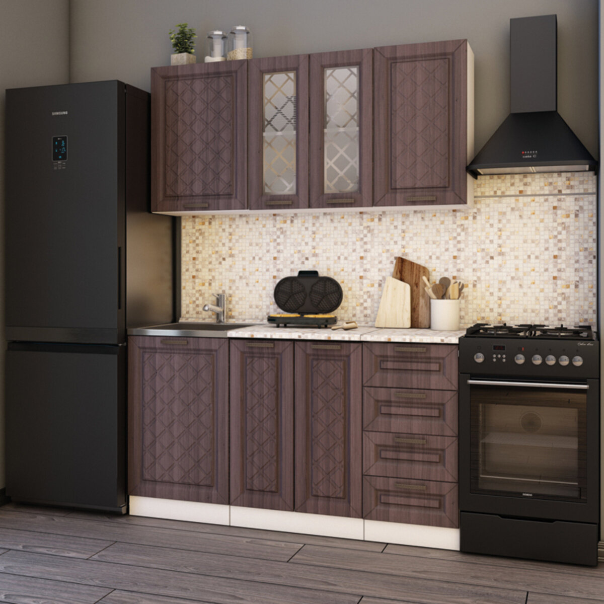 Кухонный гарнитур, кухня, готовый комплект Агава 1,5 метра Лиственница темная