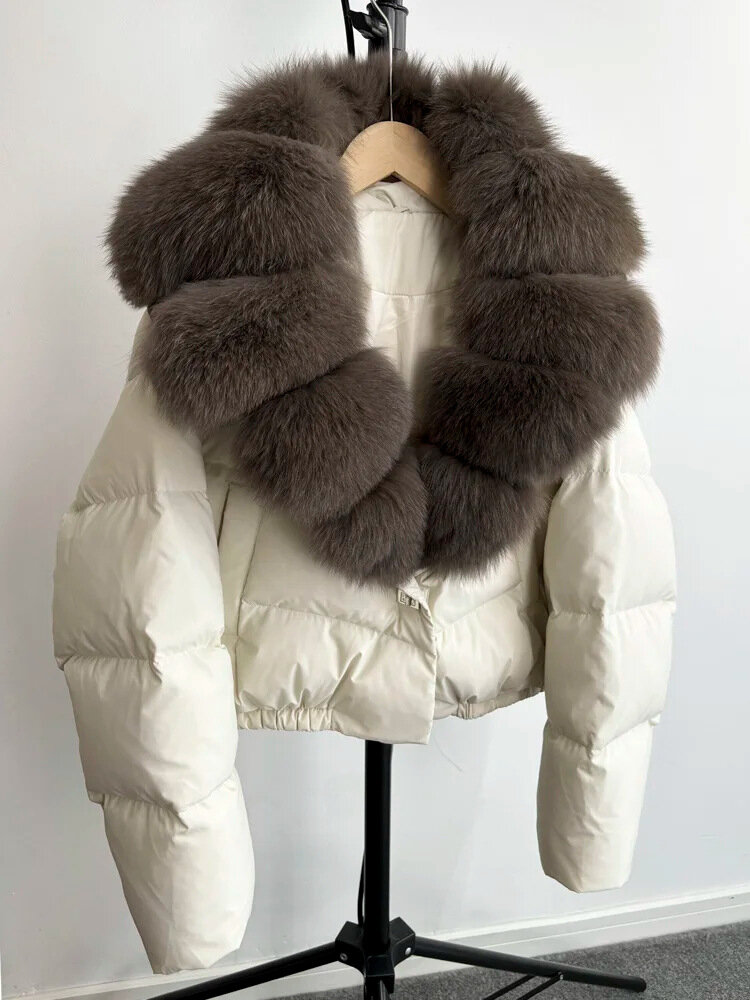 Зимняя новинка 2025 года, пуховик Fault Fox Fur с большим меховым воротником, женское короткое пальто в стиле вестерн из белого утиного пуха