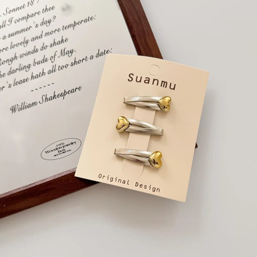 Корейские заколки для волос с бантами и сердечками, 3 шт. Golden love hairpin