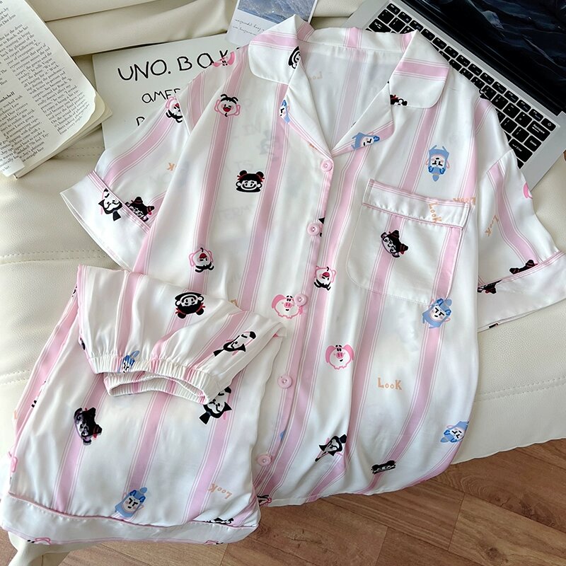 Пижама с короткими рукавами из розового милого шелка Hello Kitty для девочек, женская летняя одежда для отдыха, которую можно носить на улице, дома, летняя тонкая одежда
