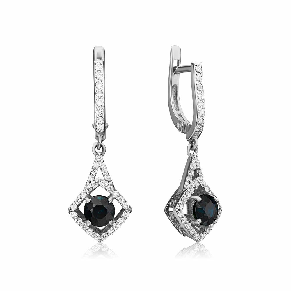Серьги, белое золото, 585 проба, родирование, бриллиант, сапфир