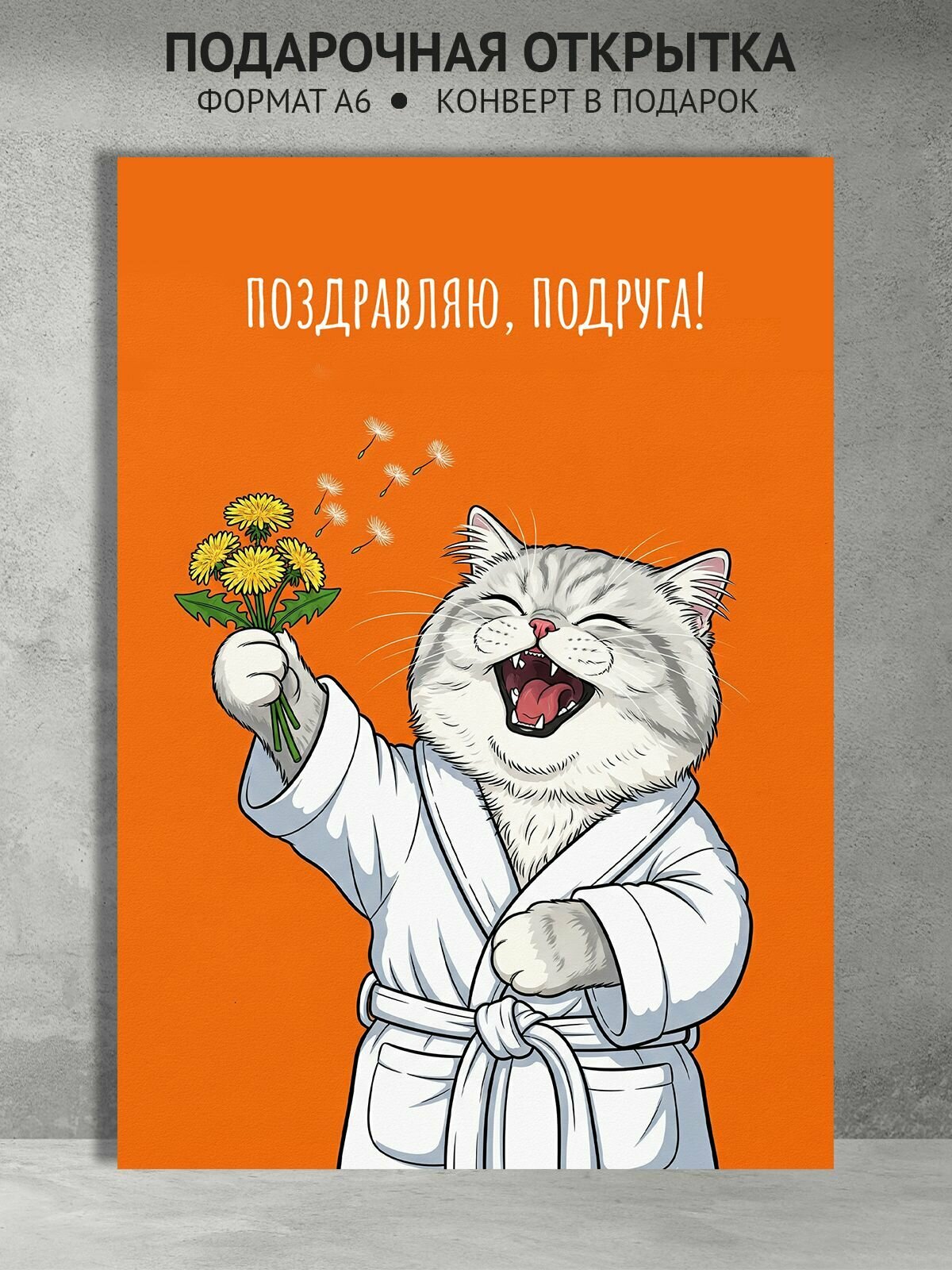 Подарочная открытка с иллюстрацией, персидский кот "Поздравляю, подруга!", день рождения, юбилей, без повода