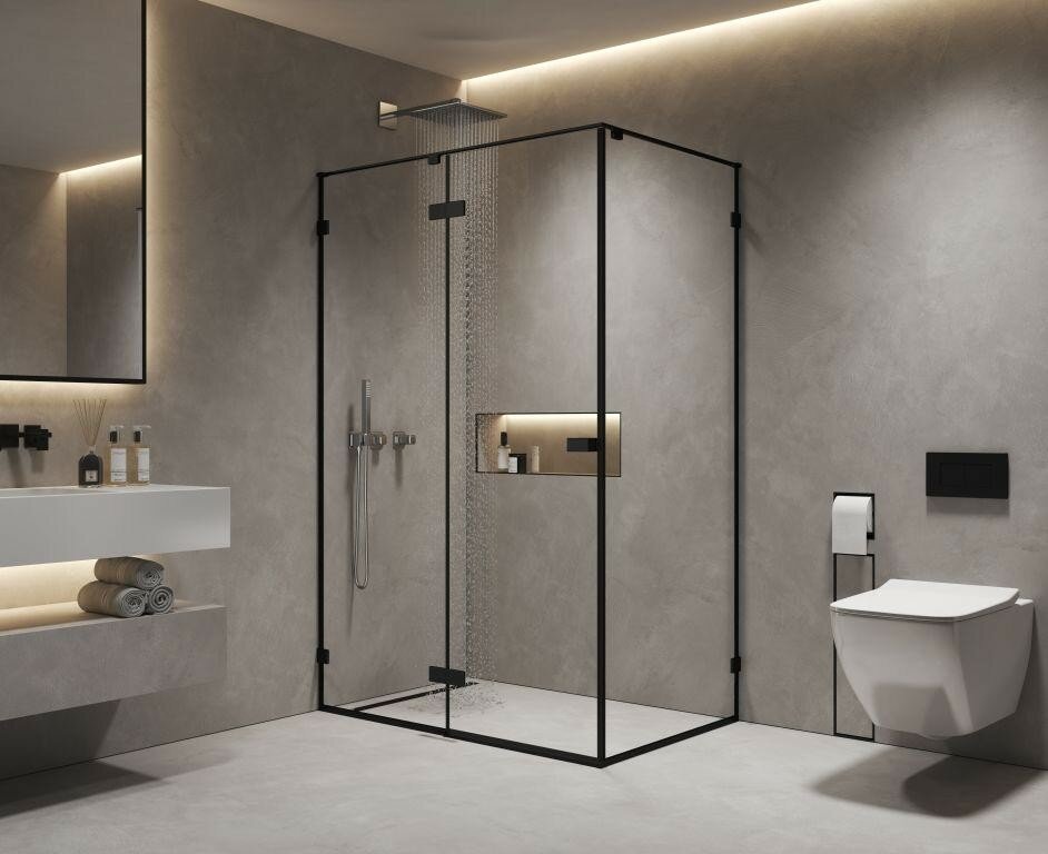 Боковая панель 800х2000 мм, стекло 8 мм, прозрачное, EasyClean, цвет профиля черный матовый