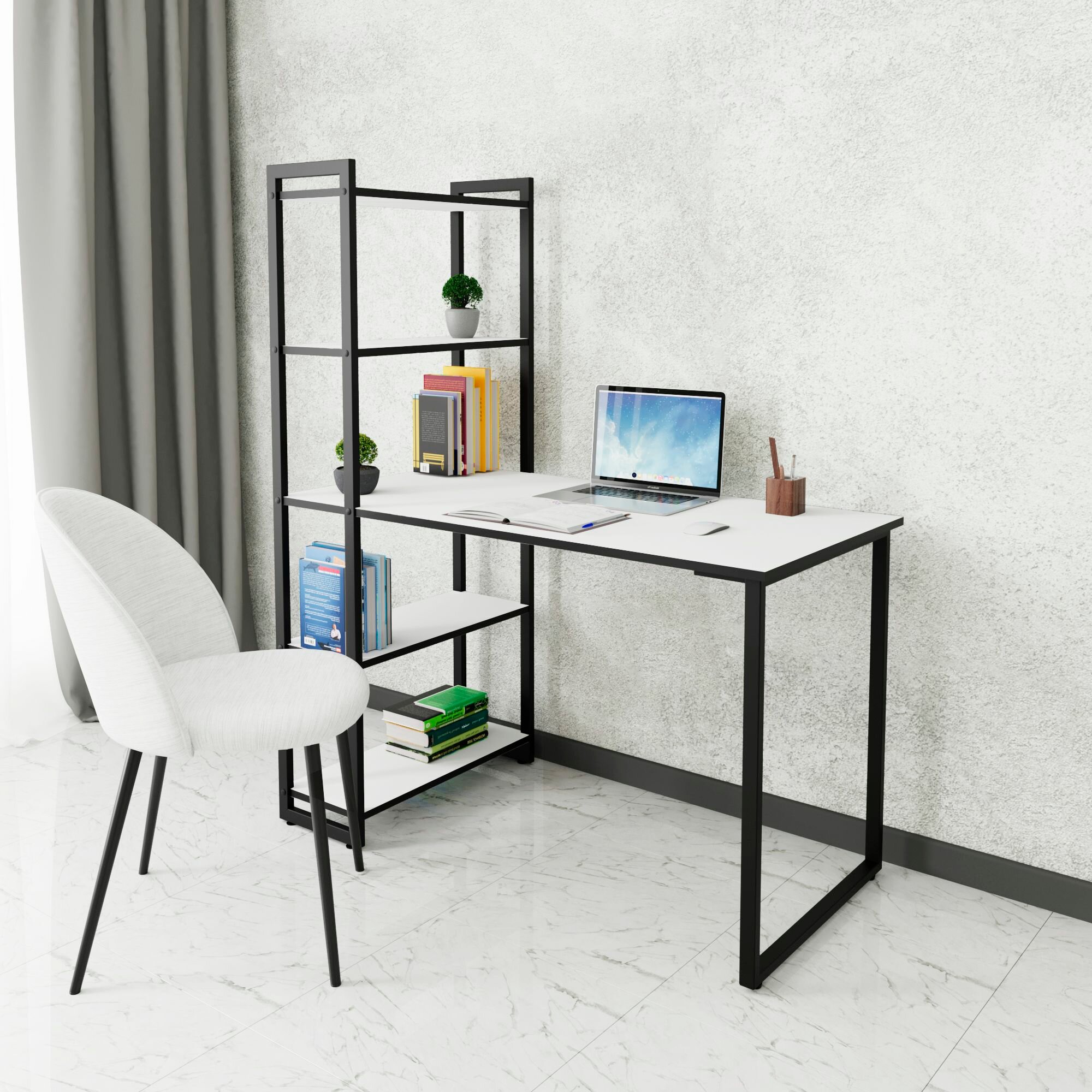 Стол-стеллаж, стол письменный лофт Эрго 120х62х147 см, Белый+черный