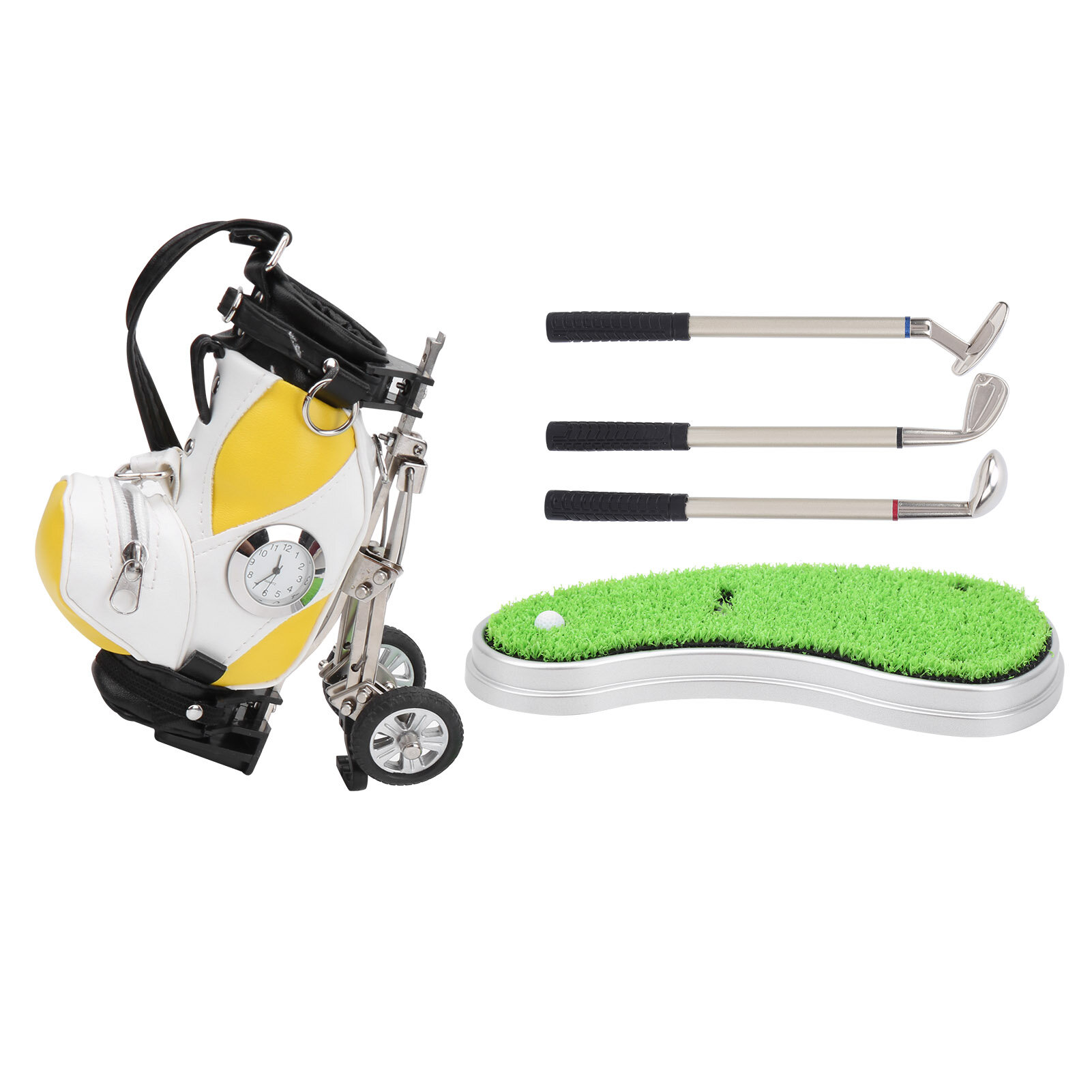 Mini Desktop Zinc Alloy Golf Bag Pen Holder with Lawn Base Clock Pens Souvenir Gift