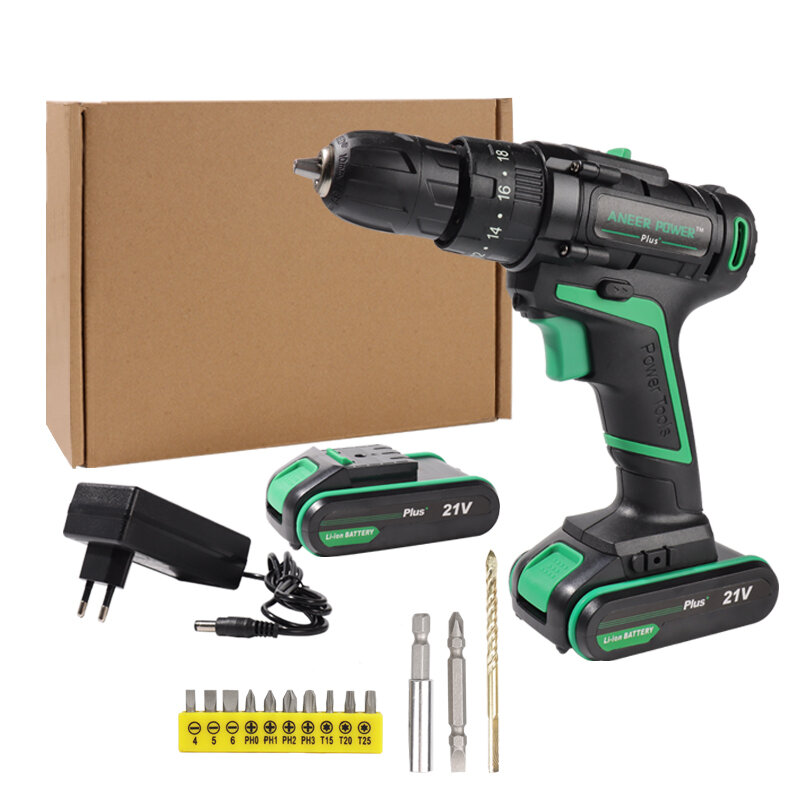Дрель-шуруповерт ANEERPOWER , От аккумулятора, 21 В, 45 Нм, 2 АКБ+13 аксессуара