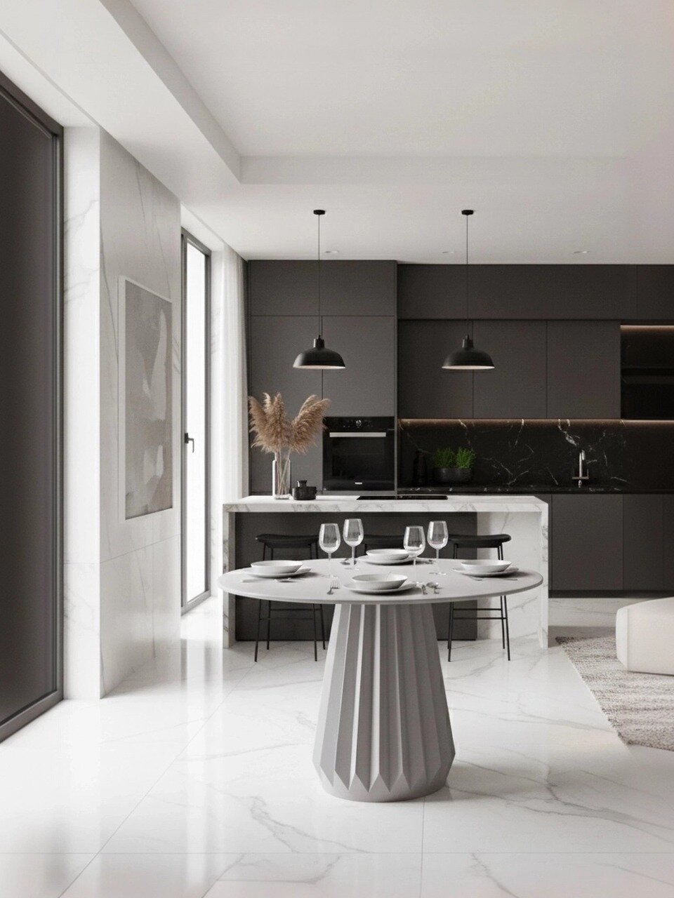 Стол круглый раздвижной кухонный Diamond, 110(190) х 110 см, Белый камень, опора серая