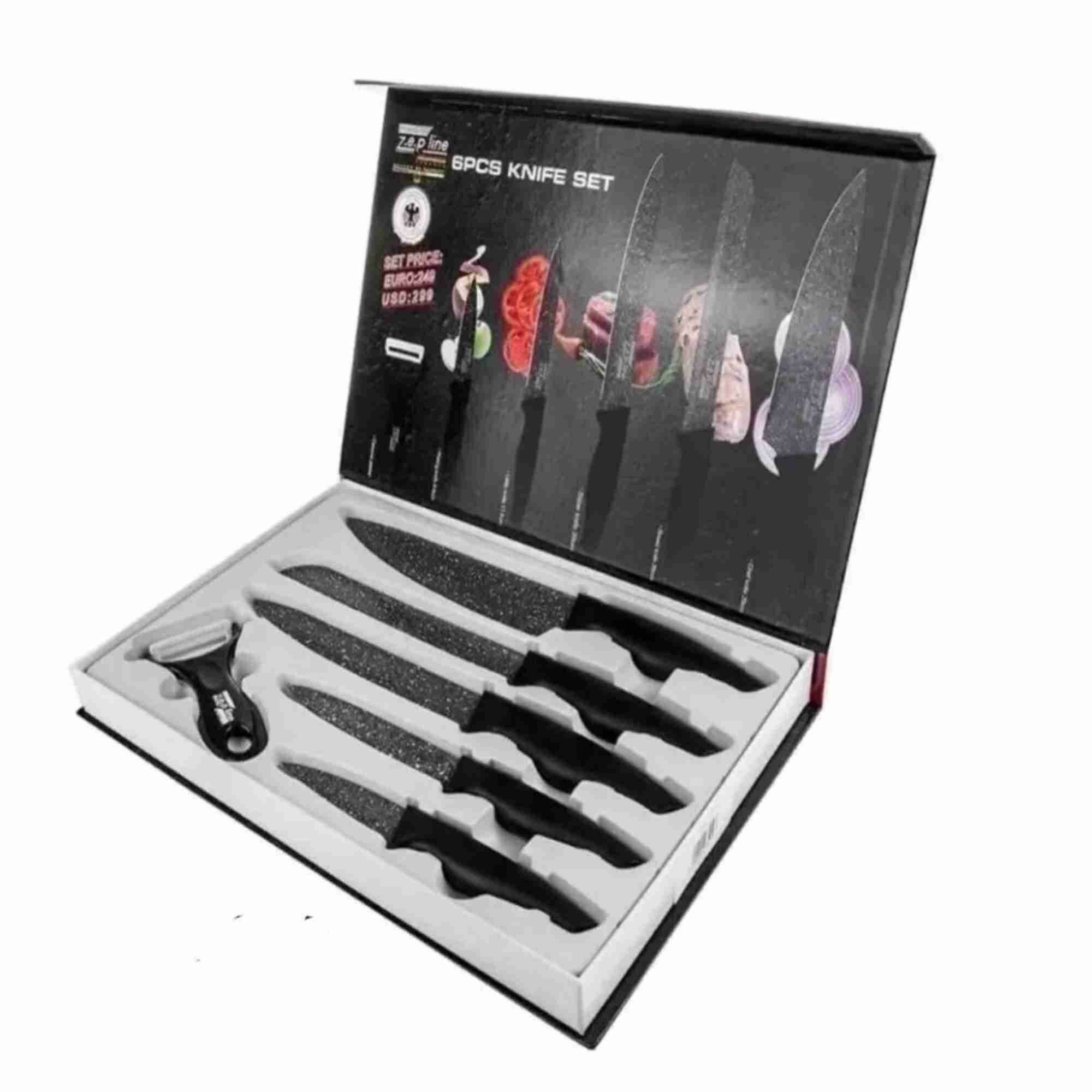 Набор кухонных ножей, 6 предметов (Нож для чистки овощей, универсальный, Шеф-повар, держатель-магнит)