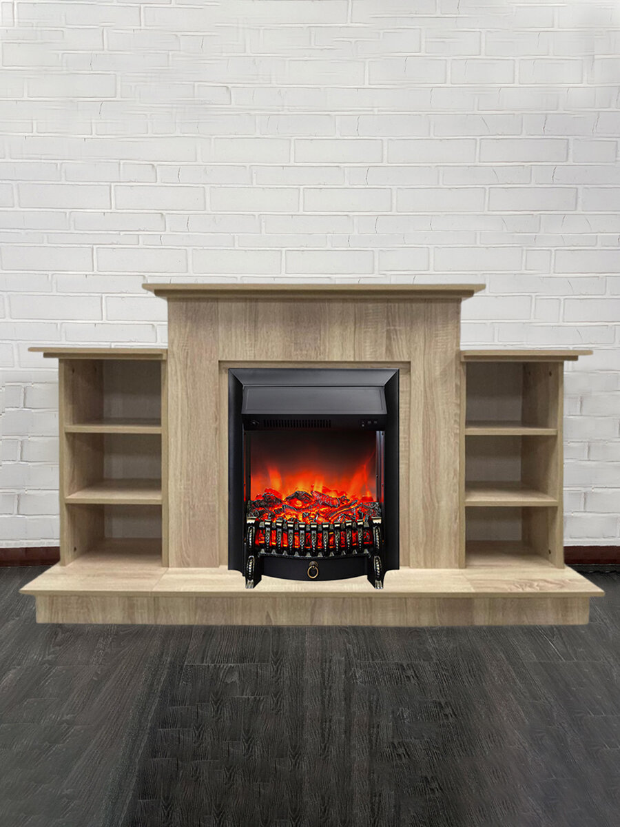 Камин электрический LiderKamin Lord Premium SO с очагом Fobos, 2 тумбы с полками, звук, обогрев (электрокамин)