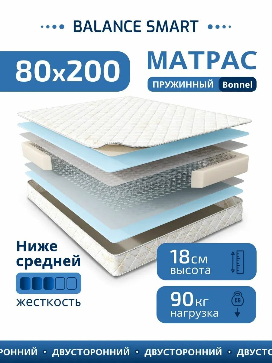 Матрас ортопедический пружинный 80x200 см BALANCE SMART, Зависимые пружины, высота 18 см, 1 шт, белый