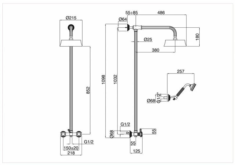 OLIMP-CD-03/24-Sw Душевая стойка классическая со смесителем, верхним и ручным душем ручки Swarovski
