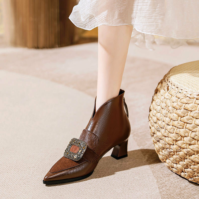 MOOCIE Ботильоны в стиле ретро с V-образным вырезом и массивным каблуком, осень-зима 2025, натуральная кожа, конский волос, острые французские ботинки со стразами и квадратной пряжкой