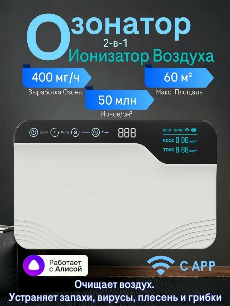 Озонатор - ионизатор для дома 2-в-1 с Wi-Fi и датчиком TVOC для дезинфекции, очистки и устранения запахов