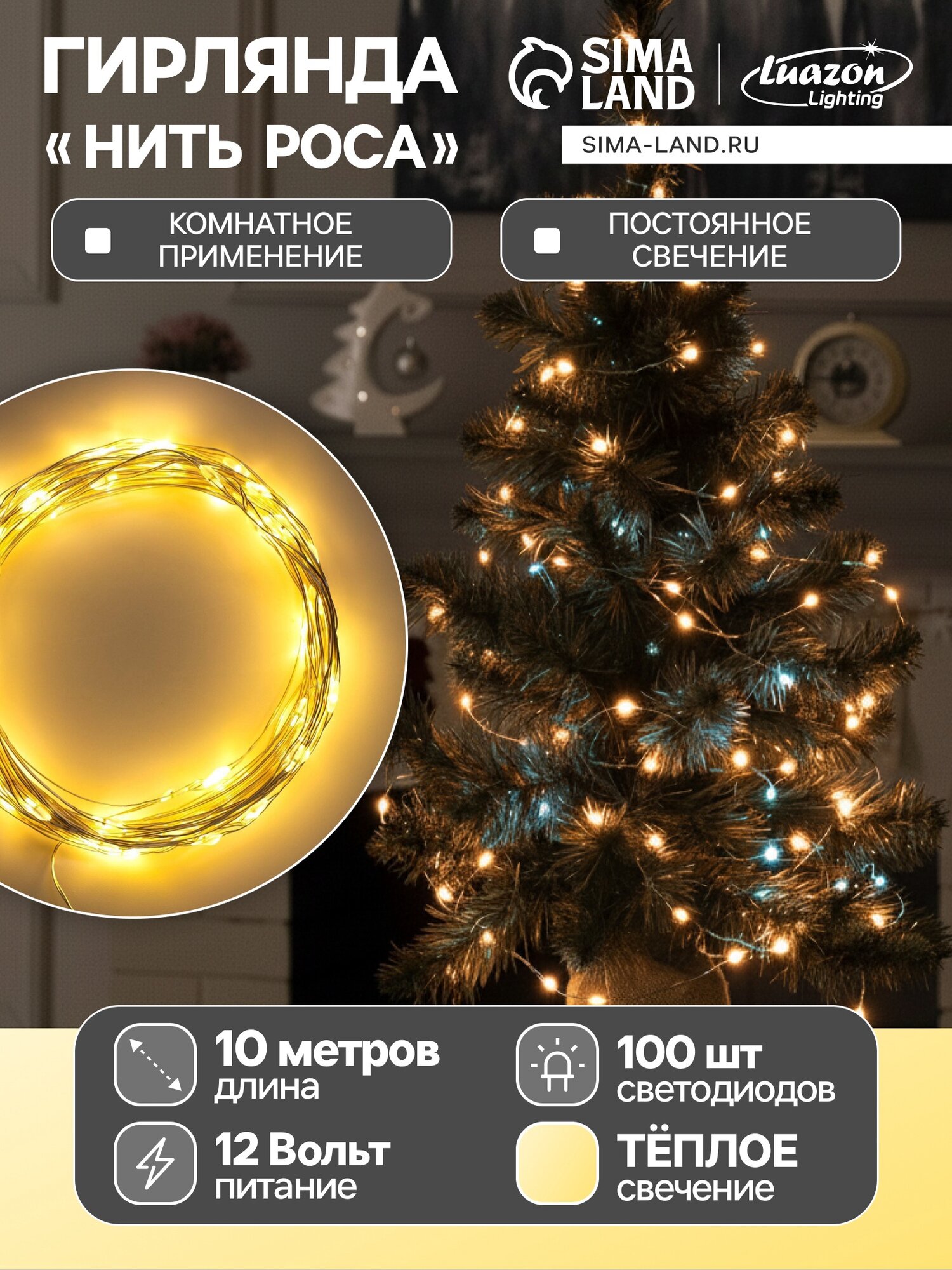 Гирлянда «Нить» 10 м роса, IP20, серебристая нить, 100 LED, свечение тёплое белое, 12 В