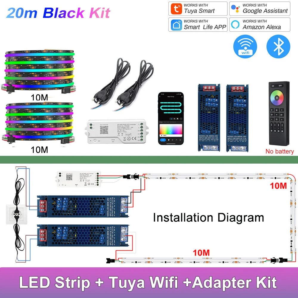 RGB адресная светодиодная лента 20M Black Kit, EU Plug