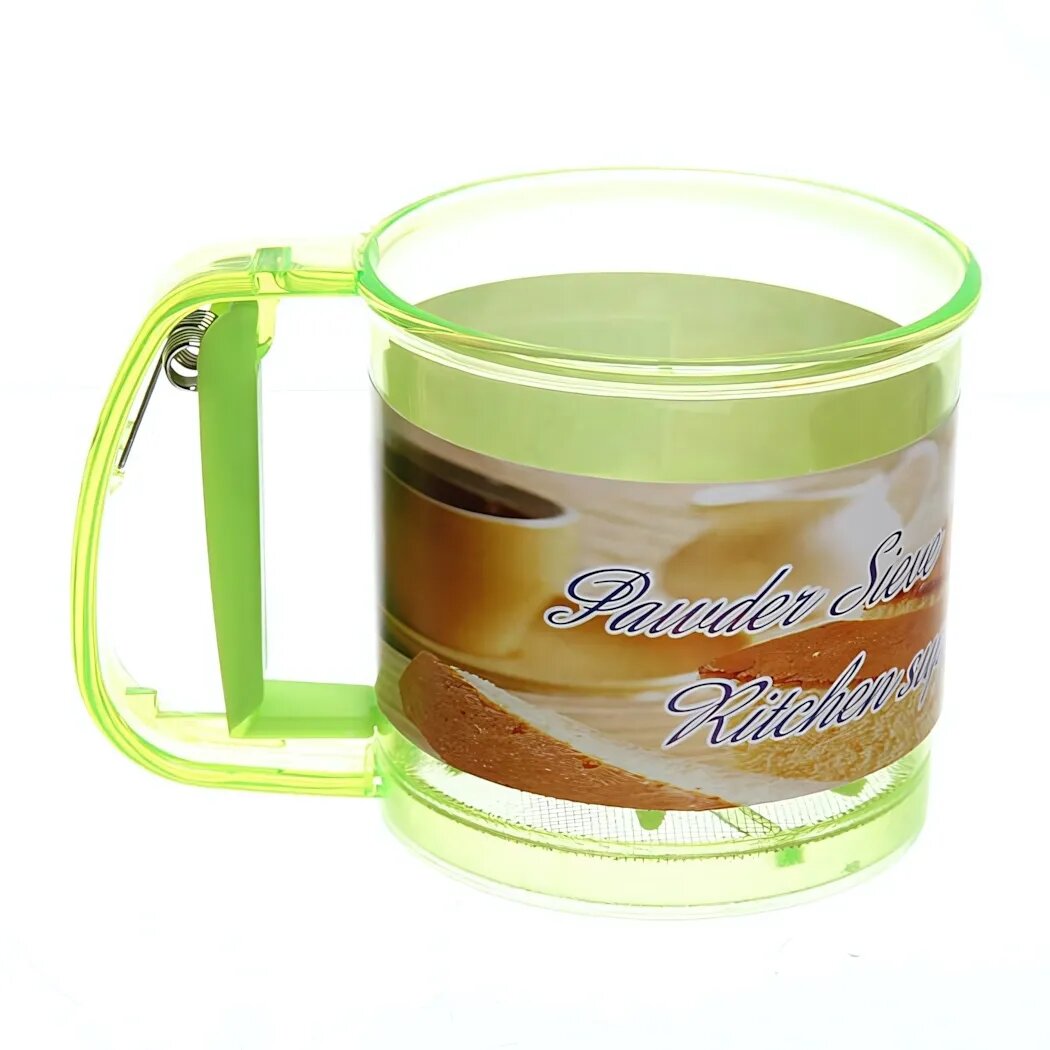 Кружка-сито пластиковая 10,5 см, удобное просеивание муки, зеленая