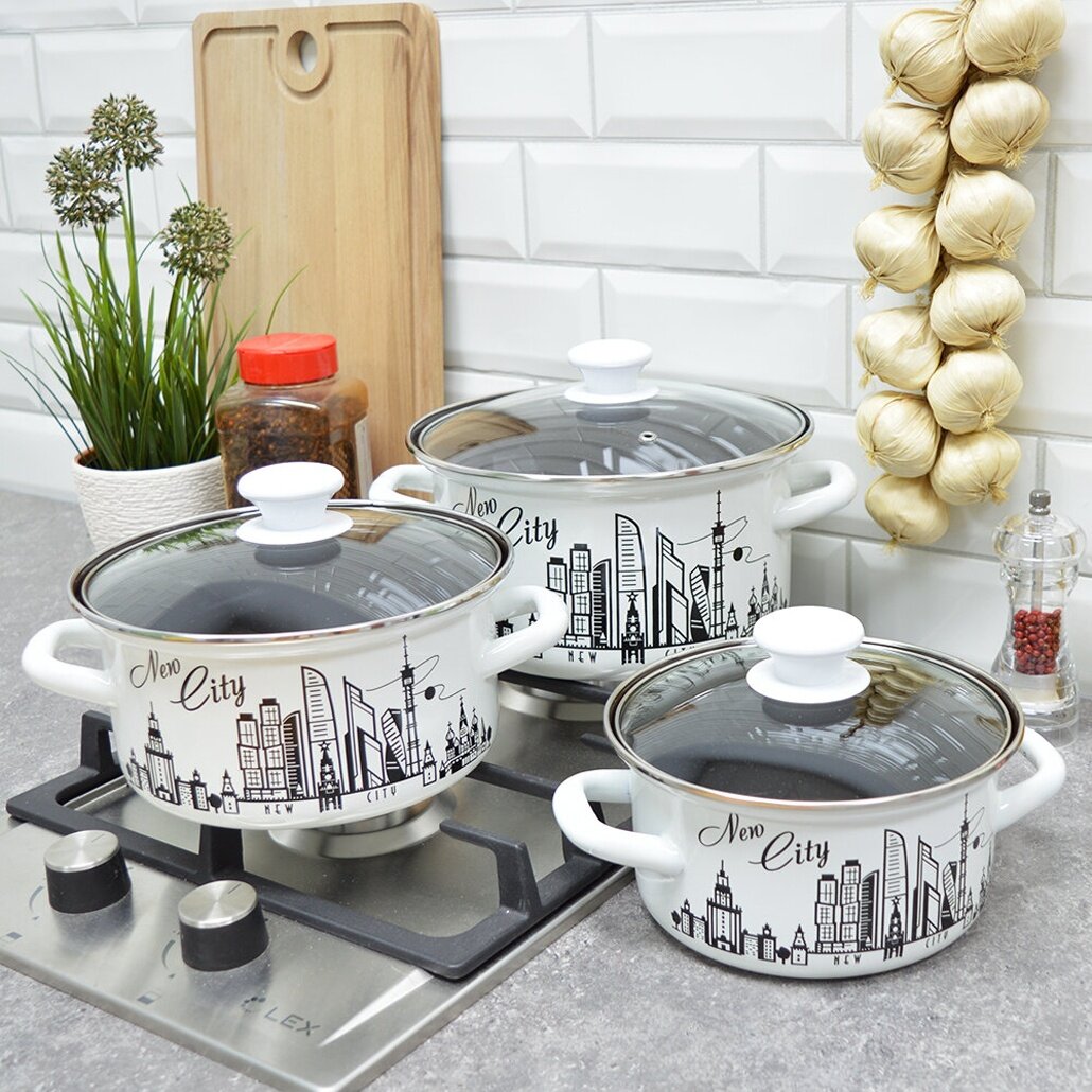 Набор кастрюль «Новый город-1-Экстра», 3 предмета, эмалированная сталь, стеклянные крышки, 1.5л/2.3л/3л