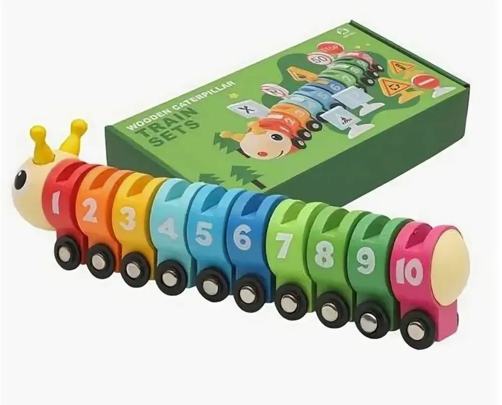 Деревянный поезд гусеница с цифрами / сортер каталка / развивающая игрушка по методике Монтесори