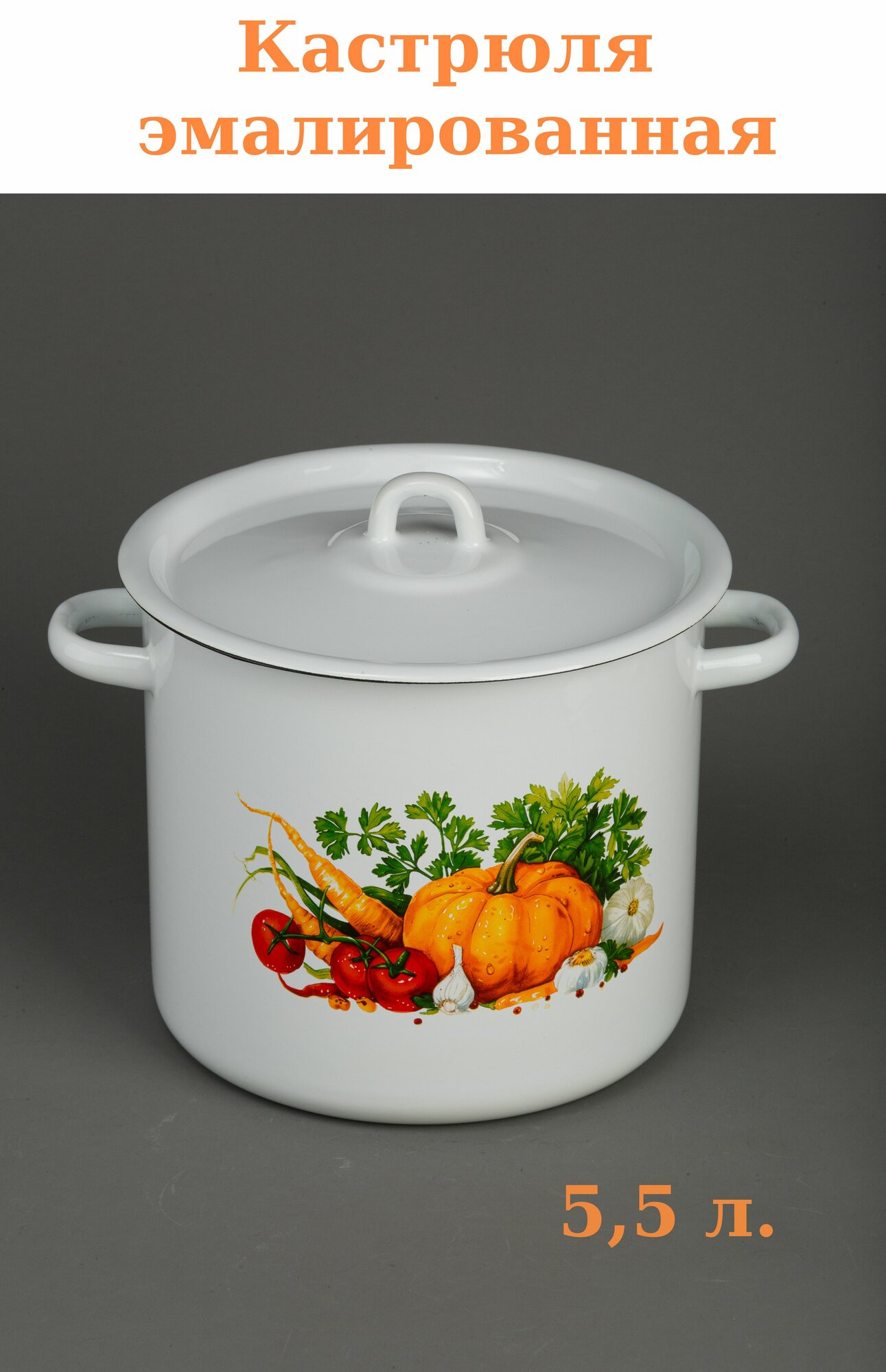 Кастрюля эмаль 5,5л с рисунком цилиндр белая "Тыква"
