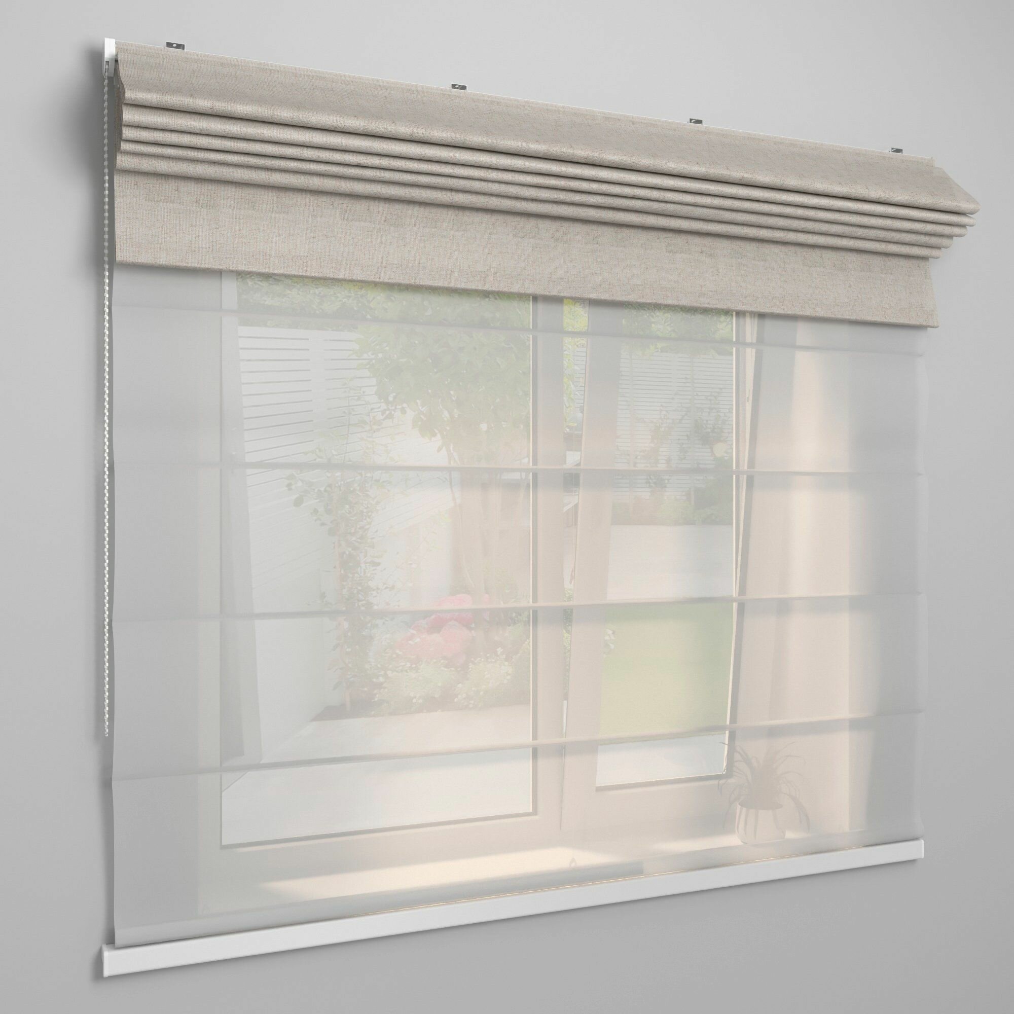 Римская штора день ночь на окно 170х170 см OLEXDECO Твинс Лён для кухни, гостиной, детской цвет натуральный, с закрытым карнизом one touch