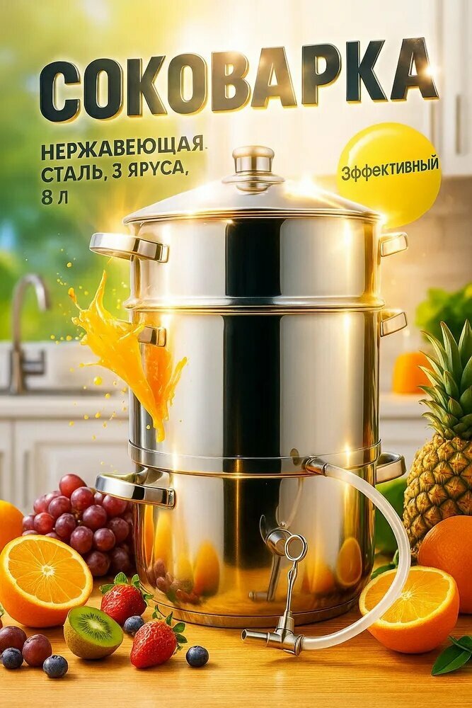 Соковарка, Нержавеющая сталь, 3 яруса, 8 л