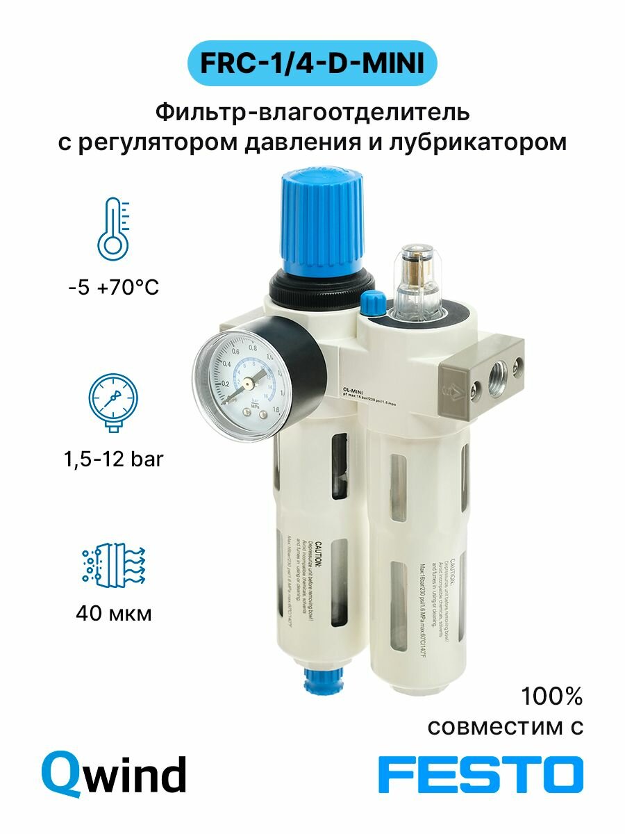 Фильтр-регулятор+маслораспылитель FRС-1/4-D-MINI с манометром, G1/4, 10 bar, 40 мкм