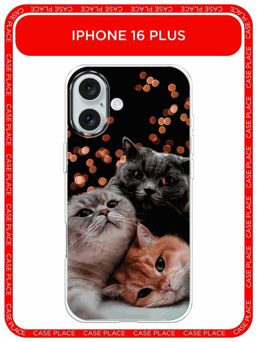 Чехол на Apple iPhone 16 Plus / Айфон 16 Плюс с принтом "Кошачьи обнимашки"