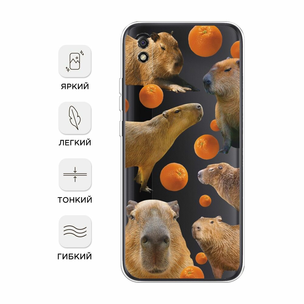 Чехол на Xiaomi Redmi 9A / Сяоми Редми 9А с принтом "Капибара и апельсины", прозрачный — фото 1