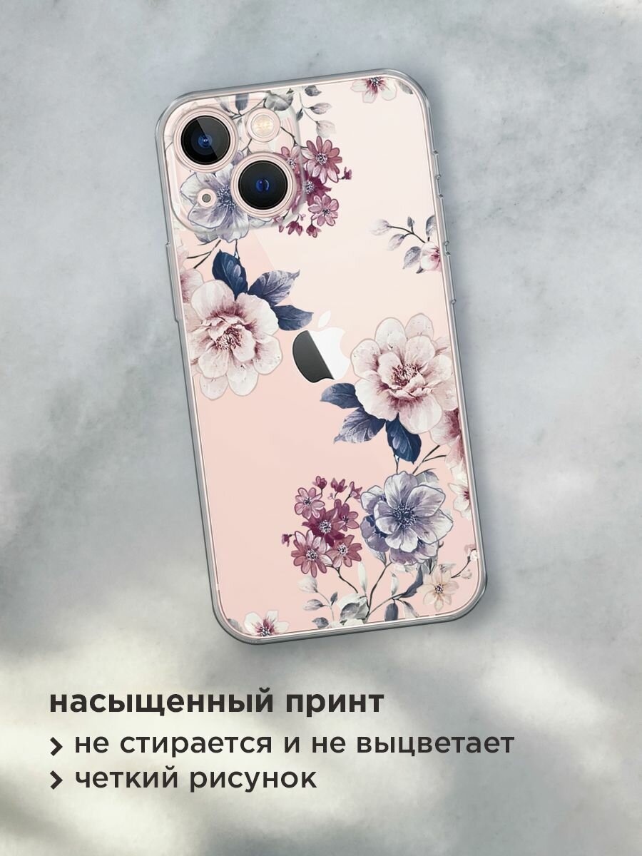 Чехол на Apple iPhone 13 mini / Айфон 13 мини с принтом "Нежные винтажные цветы", прозрачный — фото 1