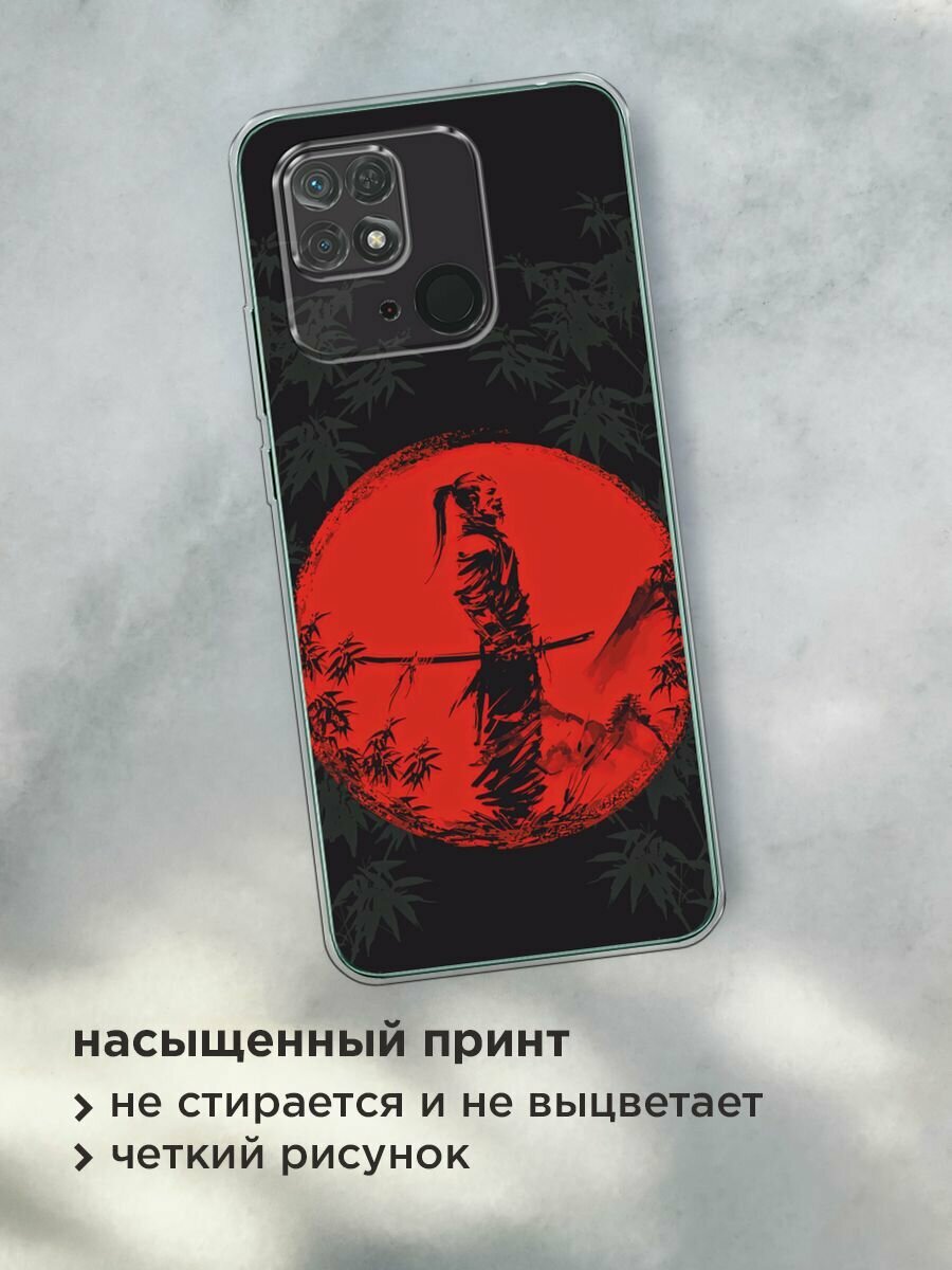 Чехол на Xiaomi Redmi 10C / Сяоми Редми 10C с принтом "Самурай на красном фоне" — фото 1