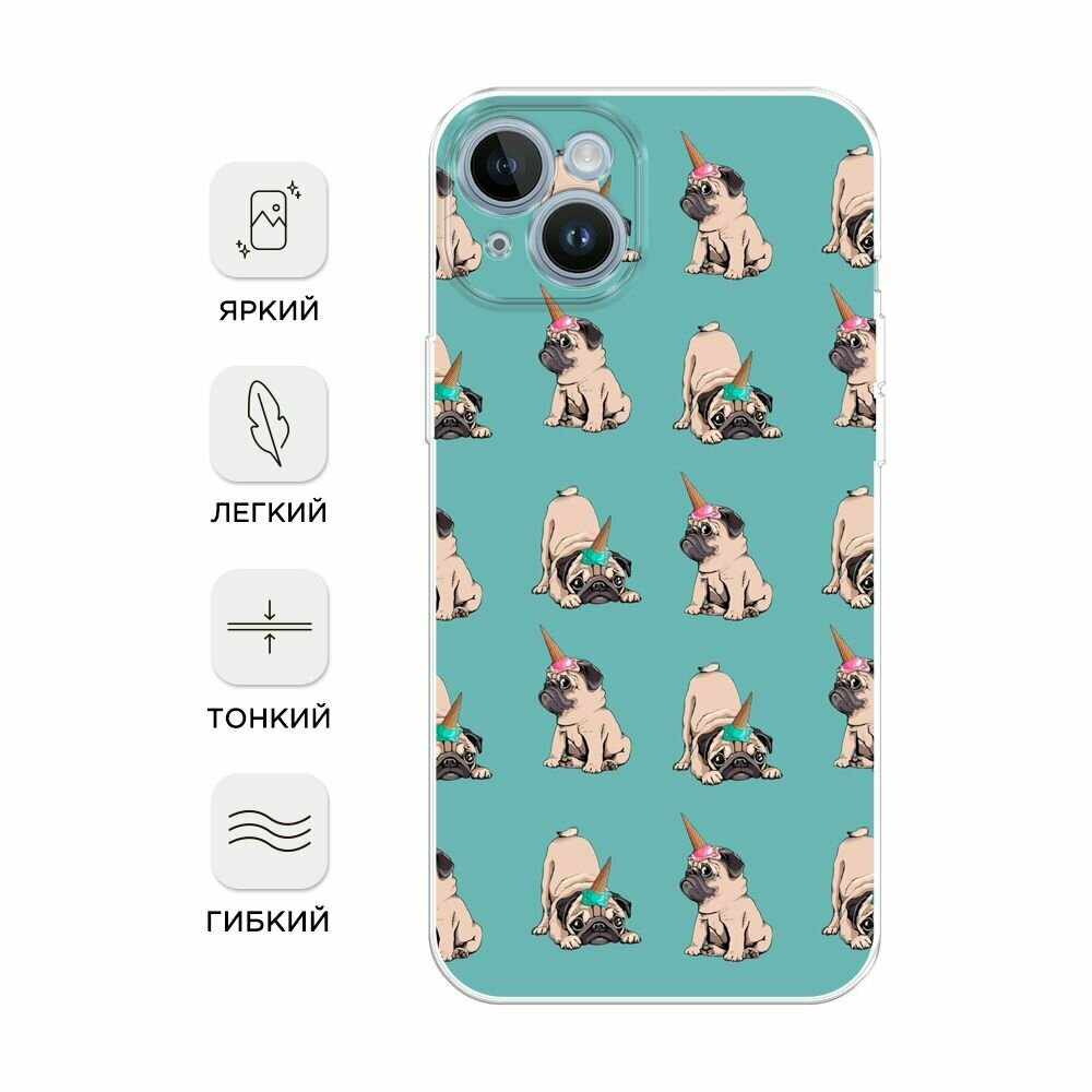 Силиконовый чехол на Apple iPhone 14 / Айфон 14 с принтом сладкие мопсы — фото 1