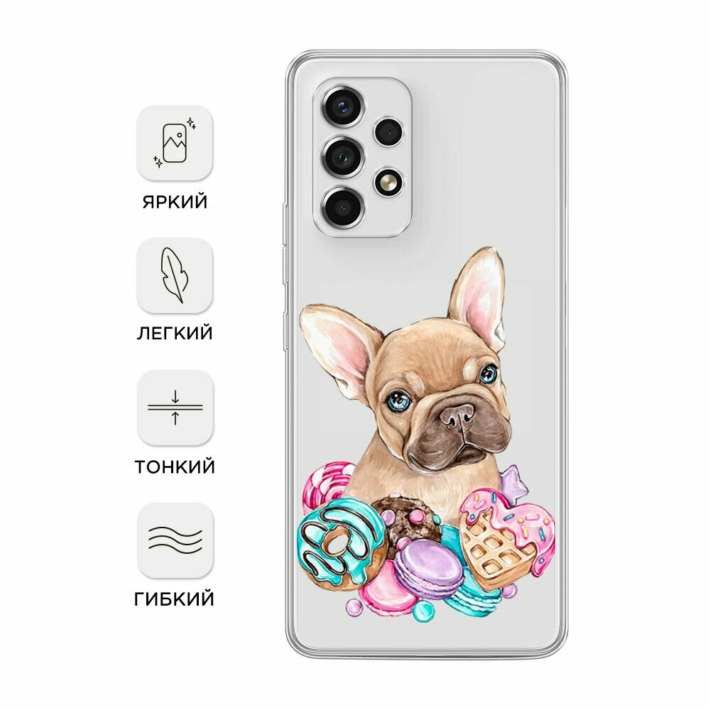 Чехол на Samsung Galaxy A53 / Самсунг Галакси А53 с принтом "Бульдог и сладости", прозрачный — фото 1
