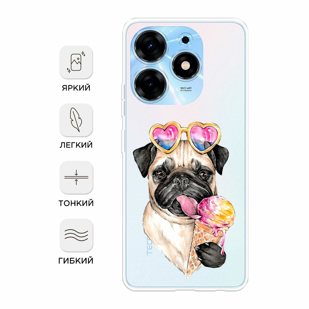 Чехол на Tecno Spark 10 Pro / Текно Спарк 10 Про с принтом Мопс с мороженкой, прозрачный — фото 1