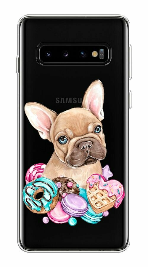 Чехол на Samsung Galaxy S10 + / Самсунг Галакси S10 Плюс с принтом "Бульдог и сладости", прозрачный