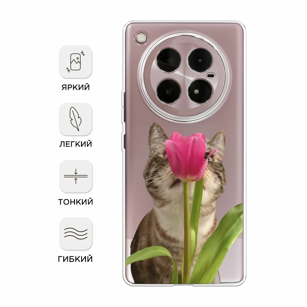 Чехол на Infinix Zero 40 4G / Инфиникс Зеро 40 4G с принтом "Кот с тюльпаном - 8 марта", прозрачный — фото 1