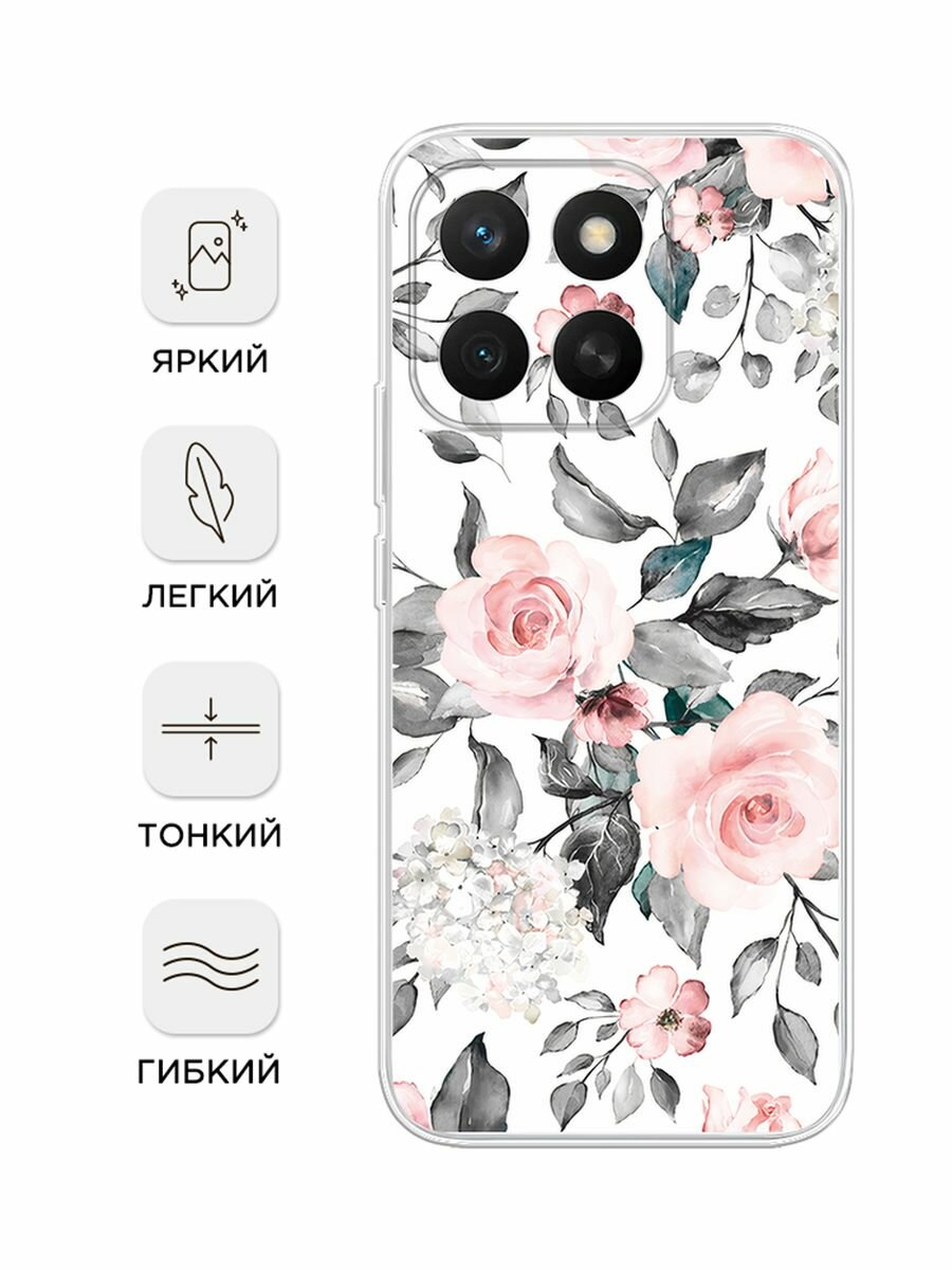 Силиконовый чехол на Honor X8c / Хонор X8c с принтом "Розы на белом" — фото 1