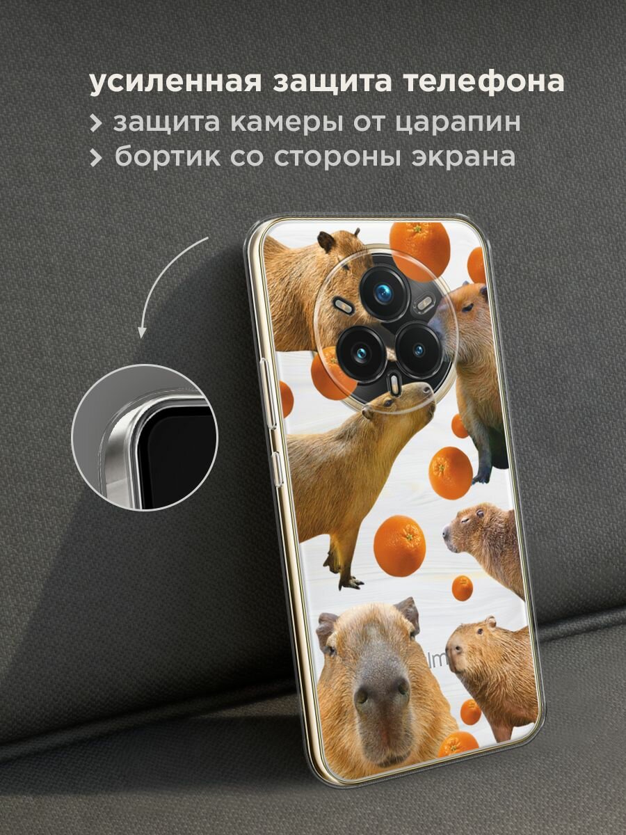 Чехол на Realme 14 Pro+ / Реалми 14 Про+ с принтом "Капибара и апельсины", прозрачный — фото 1