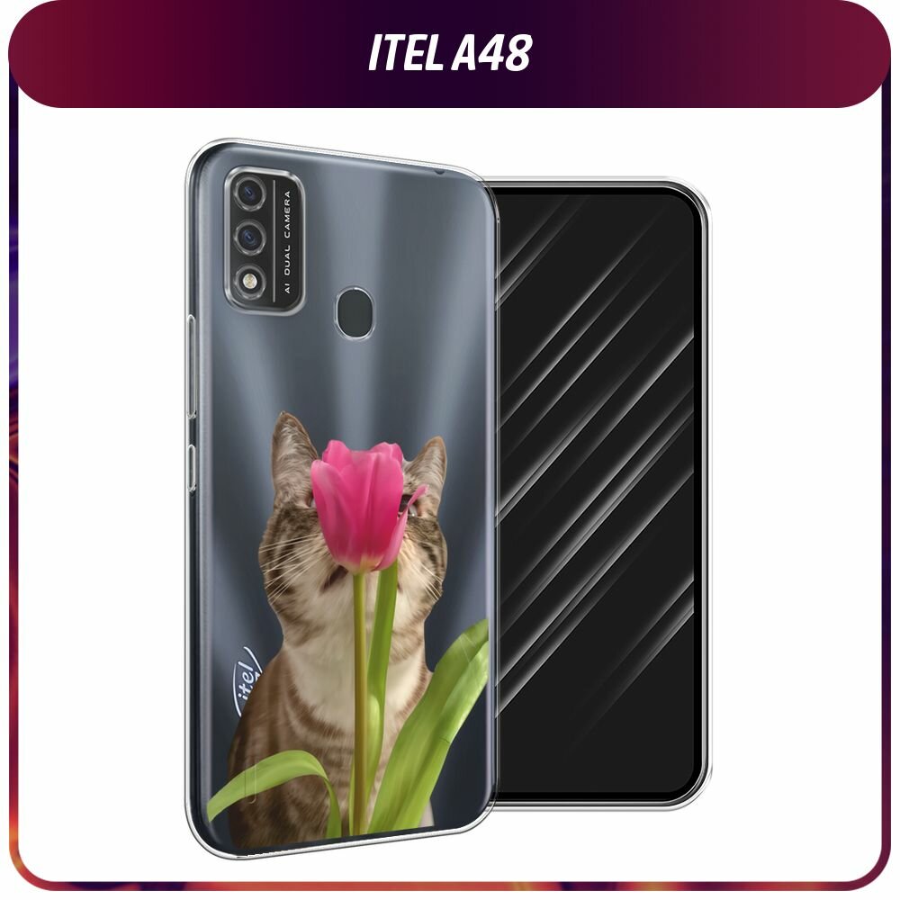 Чехол на Itel A48 / Ител А48 с принтом "Кот с тюльпаном - 8 марта", прозрачный