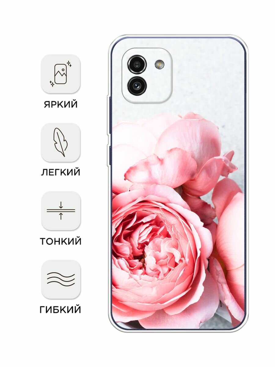 Чехол на Samsung Galaxy A03 / Самсунг Галакси А03 с принтом "Пионы на белом" — фото 1