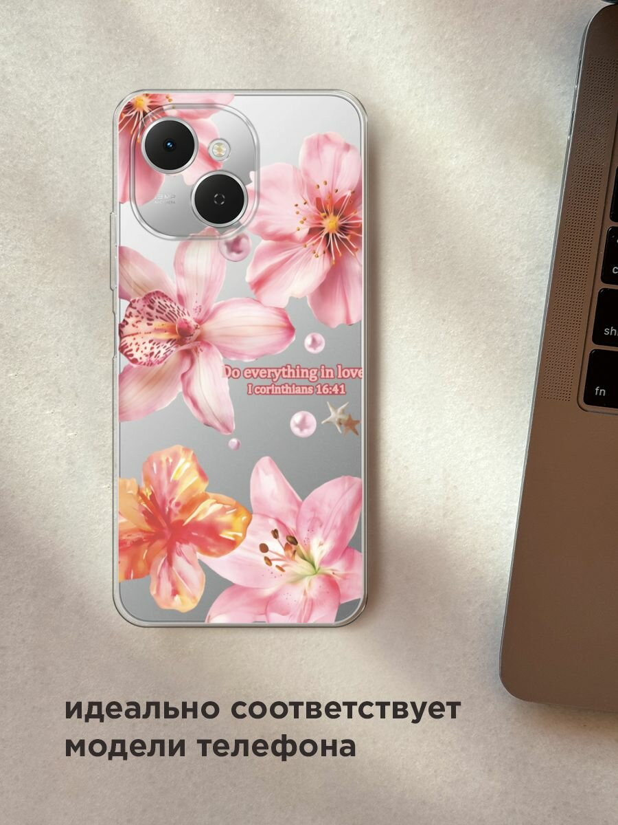 Чехол на Tecno Spark 40C / Текно Спарк 40C с принтом "Тропические соцветия", прозрачный — фото 1
