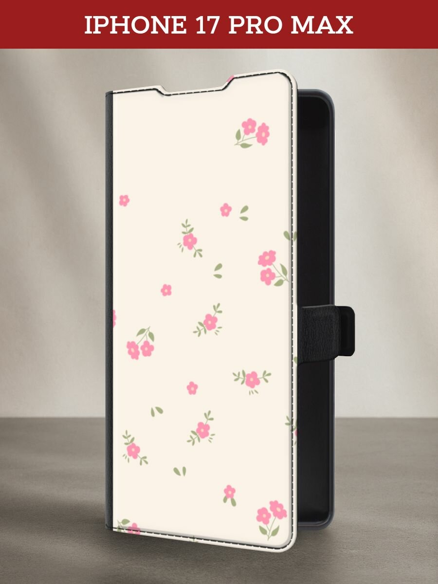 Чехол-книжка на Apple iPhone 17 Pro Max / Айфон 17 Про Макс с рисунком "Розовые цветочки на бежевом"