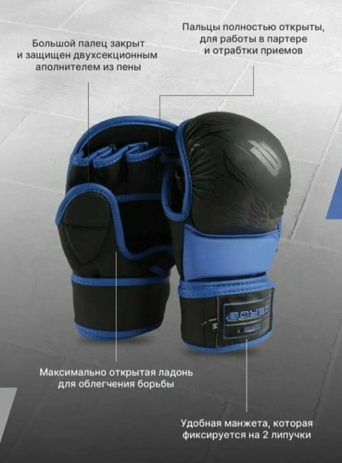 Перчатки ММА BoyBo Wings черно-синии натуральная кожа, размер M