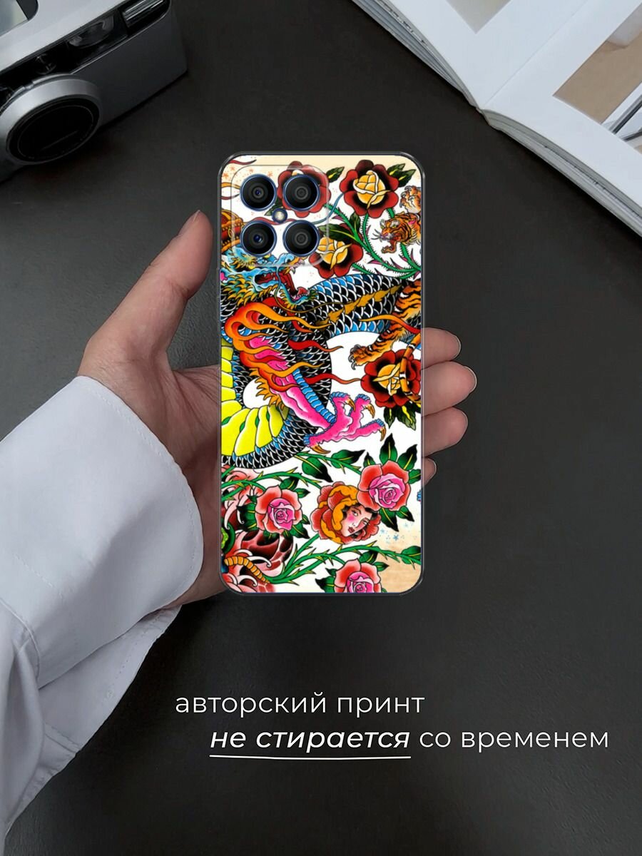 Силиконовый чехол на Honor X8 / Хуавей X8 с принтом "Дракон в цветах" — фото 1
