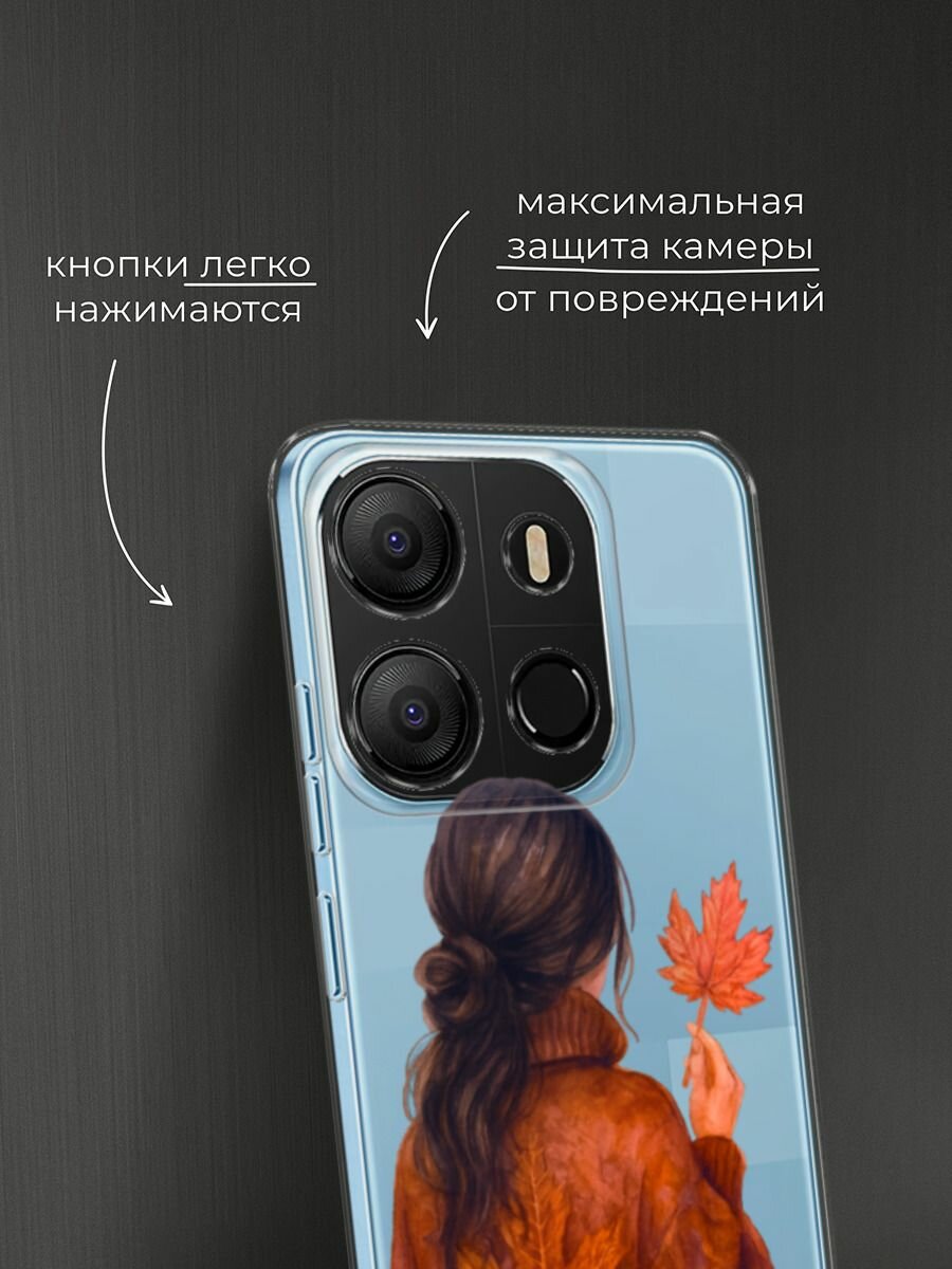 Чехол на Tecno Pop 7 / Текно Поп 7 с принтом "Девушка с опавшим листом", прозрачный — фото 1