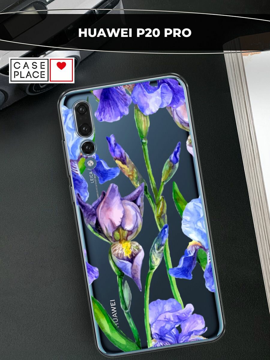 Чехол на Huawei P20 Pro / Хуавей П20 Про с принтом "Синие ирисы", прозрачный