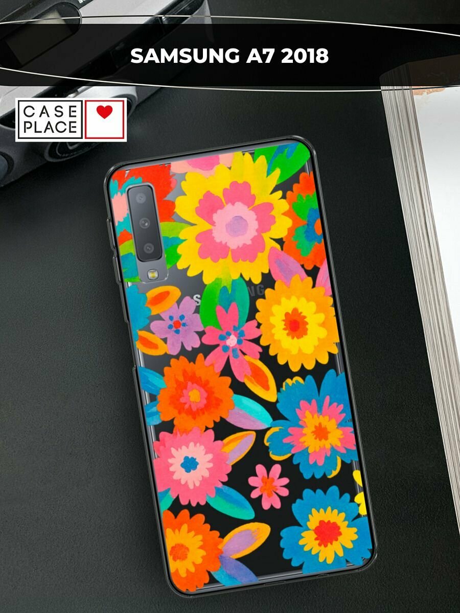 Чехол на Samsung Galaxy A7 2018 / Самсунг Галакси А7 2018 с принтом "Абстрактные яркие цветы", прозрачный