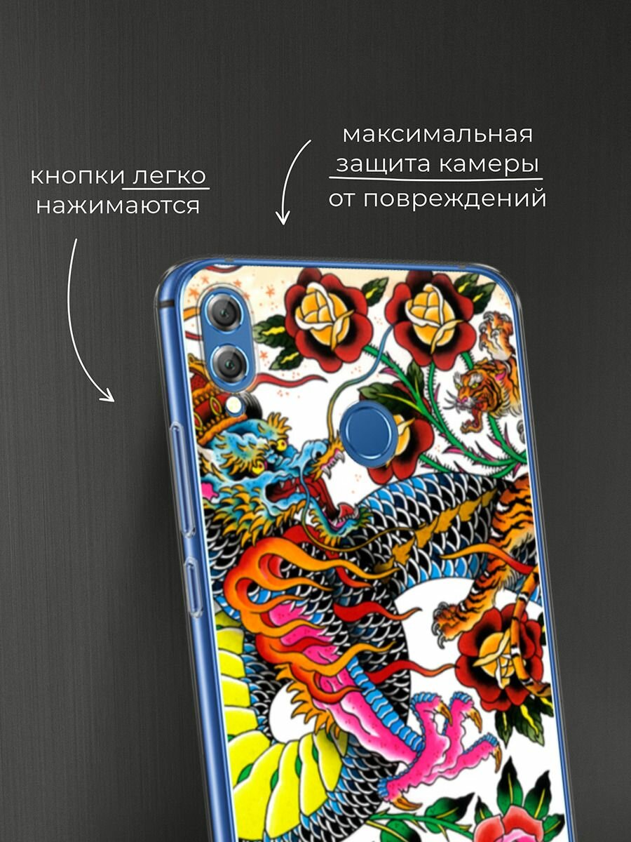 Силиконовый чехол на Honor 8X / Хонор 8Х с принтом "Дракон в цветах" — фото 1