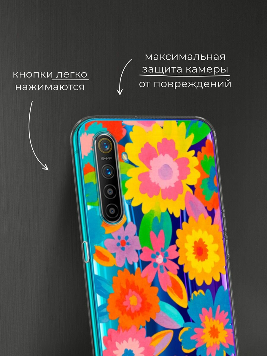 Чехол на Realme XT / Реалми XT с принтом "Абстрактные яркие цветы", прозрачный — фото 1